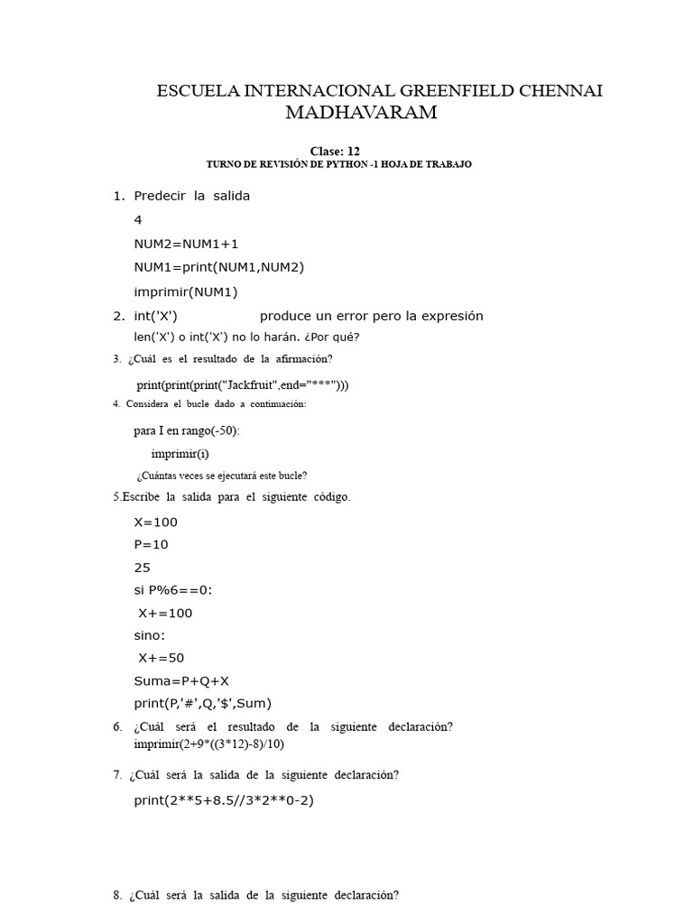 HOJA DE TRABAJO DE REVISIÓN DE PYTHON-1 | PDF | Python (lenguaje de ...