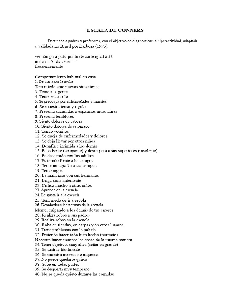 Escala de Conners para Diagnóstico de Hiperactividad | PDF