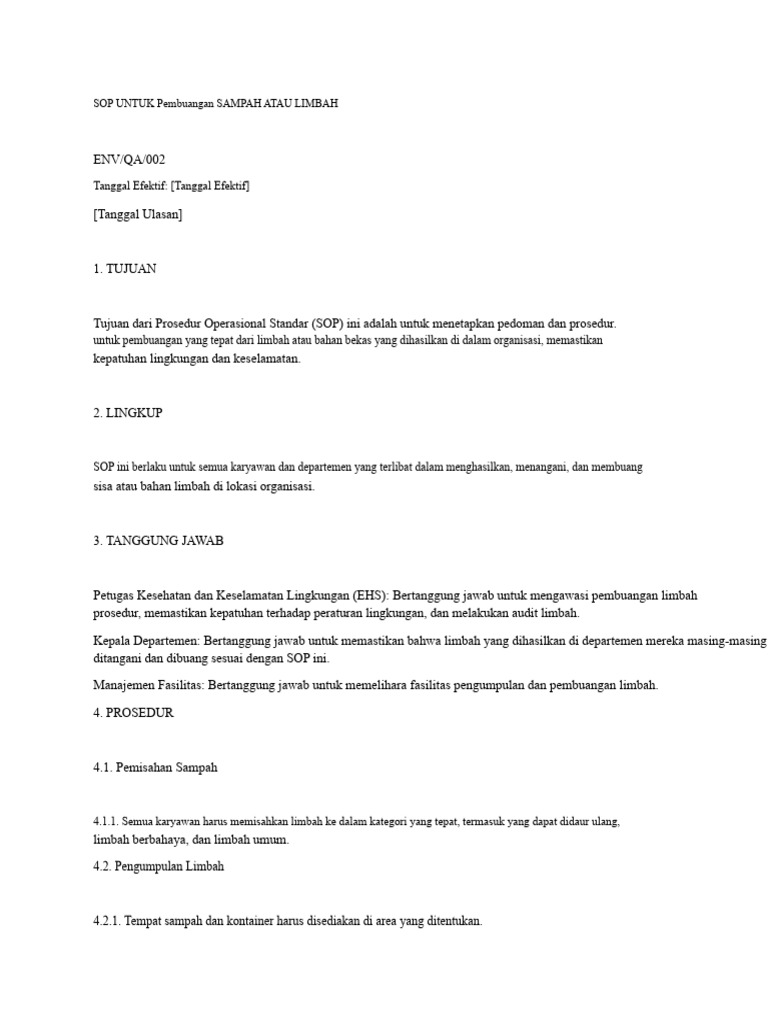 SOP Untuk Pembuangan Limbah Atau Sampah | PDF