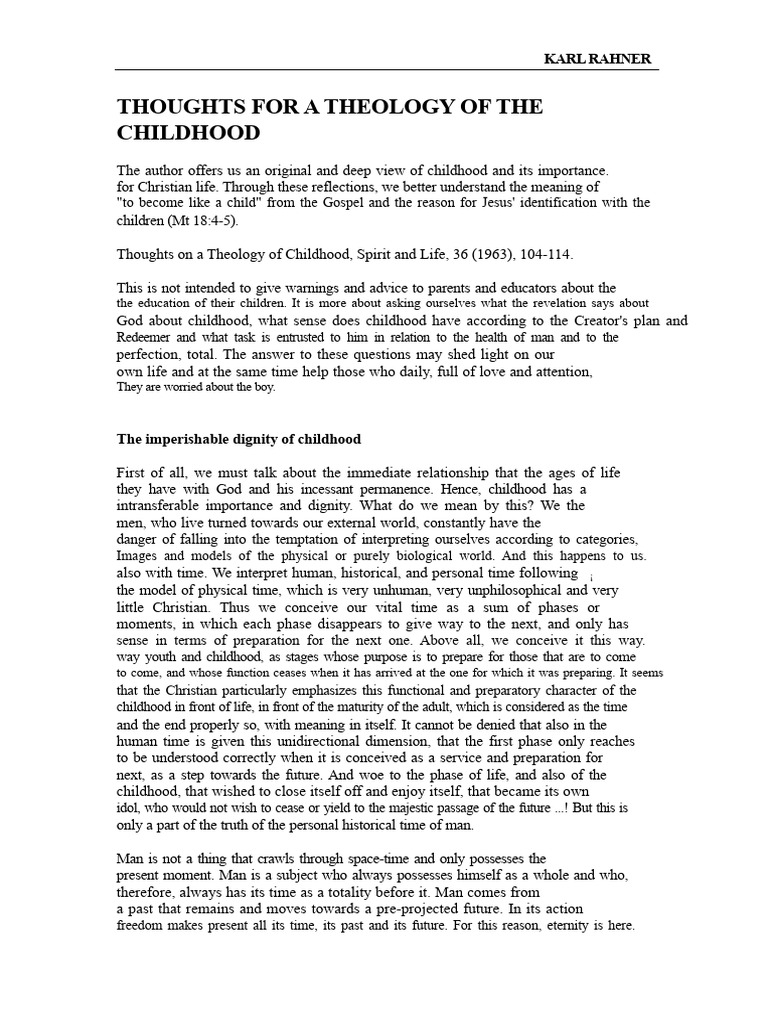 Karl Rahner. Thoughts For A Theology of Childhood | PDF | God ...