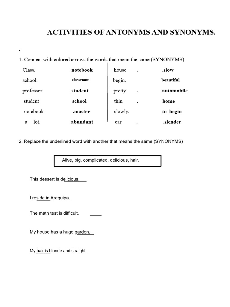 Activities of Antonyms and Synonyms | PDF