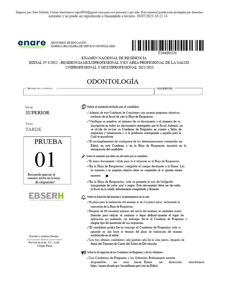 Prueba Enare Odontología 2022 | PDF | Ciencias de la Salud | Especialidades Medicas