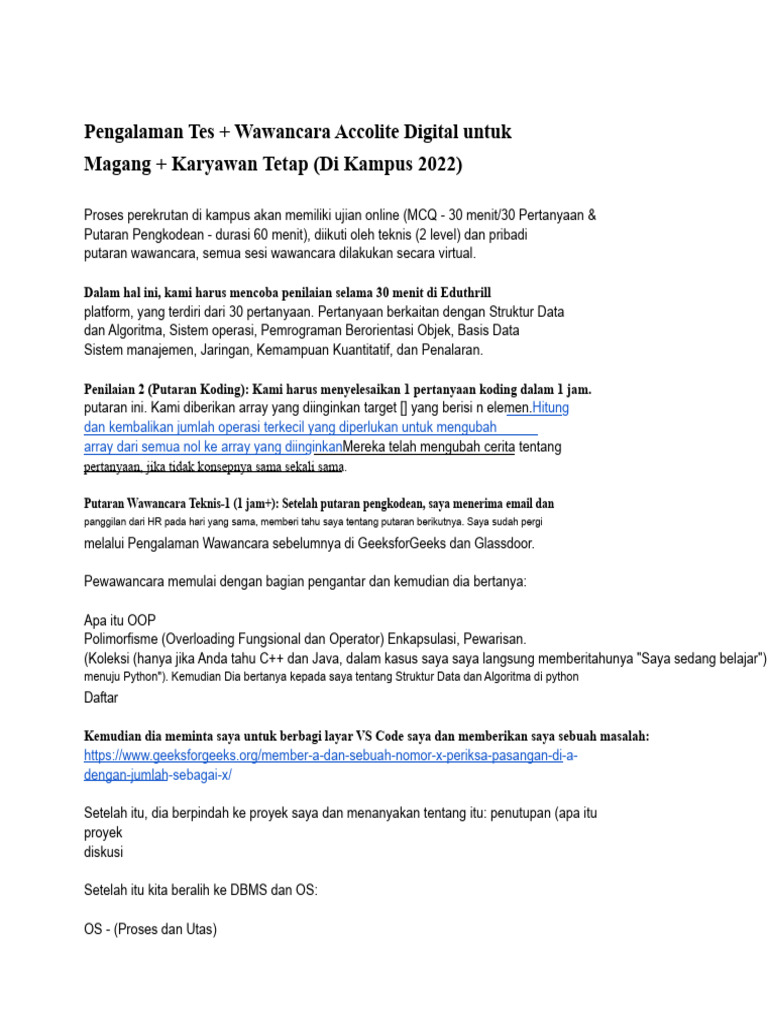 Pengalaman Uji Coba Dan Wawancara Accolite Digital Untuk Magang + Karyawan Tetap (Kampus 2022) | PDF