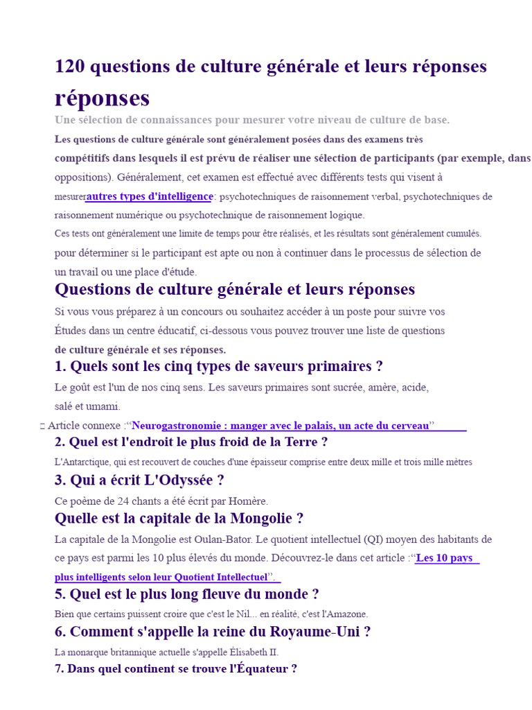 120 Questions de Culture Générale et Réponses | PDF | Goût | Mario