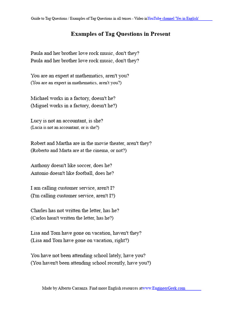Tag Questions Explained with Examples | PDF | Language Mechanics ...