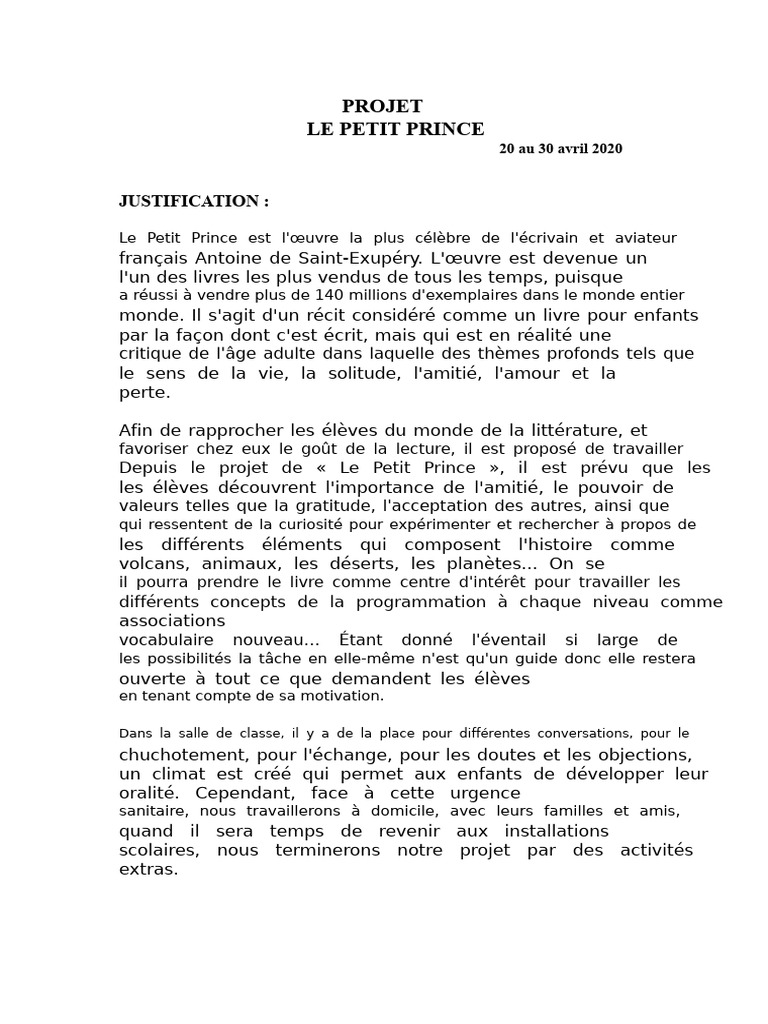 Projet éducatif sur Le Petit Prince | PDF | Le Petit Prince | Émotions
