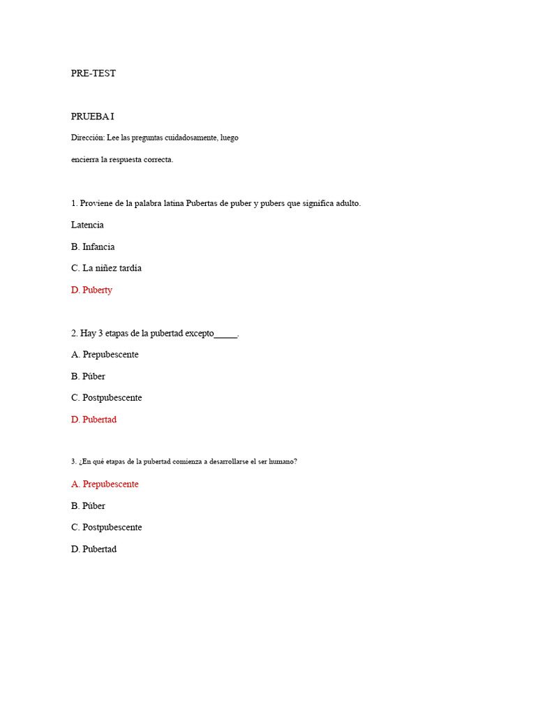 Prueba Pre y Post | PDF | Pubertad | Adolescencia