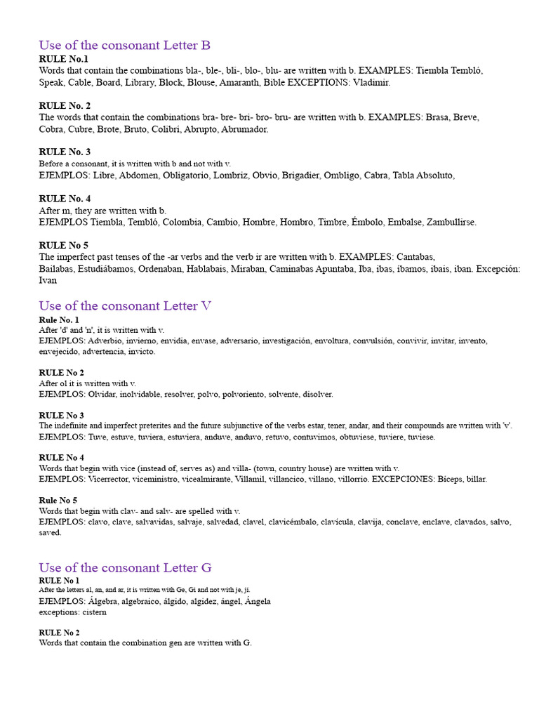 Use of The Consonant Letter B V G J C S Y LL RR R W Z H K X | PDF ...
