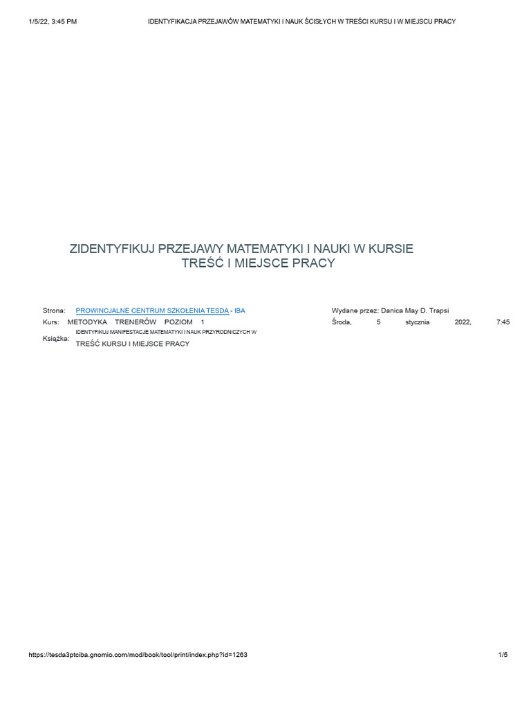 Zidentyfikuj Objawy Matematyki I Nauki W Treści Kursu I Miejscu Pracy | PDF