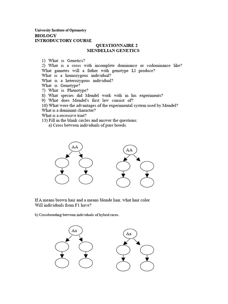 Mendelian Inheritance Questionnaire | PDF | Dominance (Genetics) | Genotype