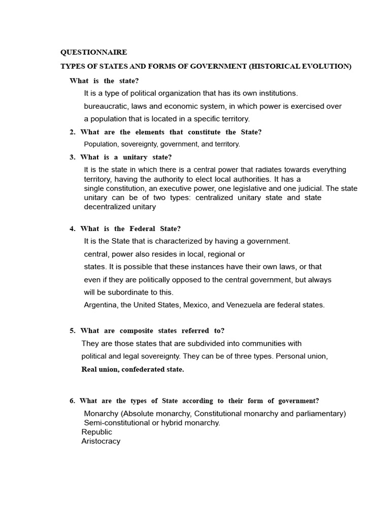 Questionnaire Types of States | PDF | Government | Democracy