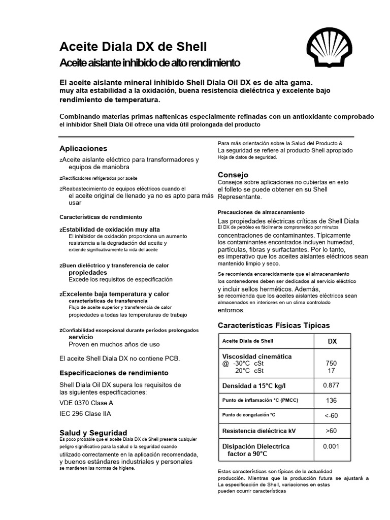 Aceite Diala DX: Aislante Eléctrico Premium | PDF | Petróleo | Aislador ...
