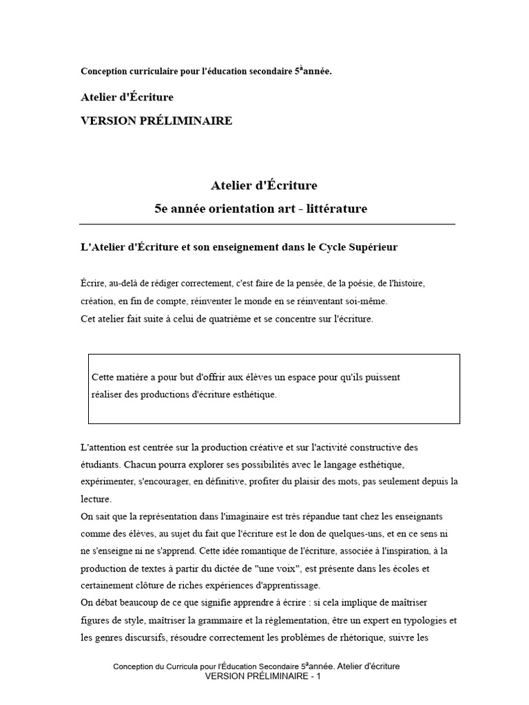 Atelier d'écriture en 5e année secondaire | PDF | Esthétique ...