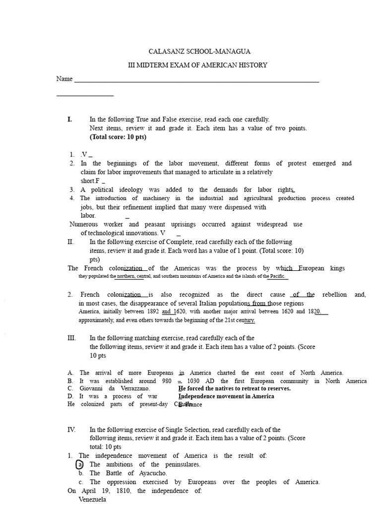 Third Partial Exam American History 8th Grade | PDF