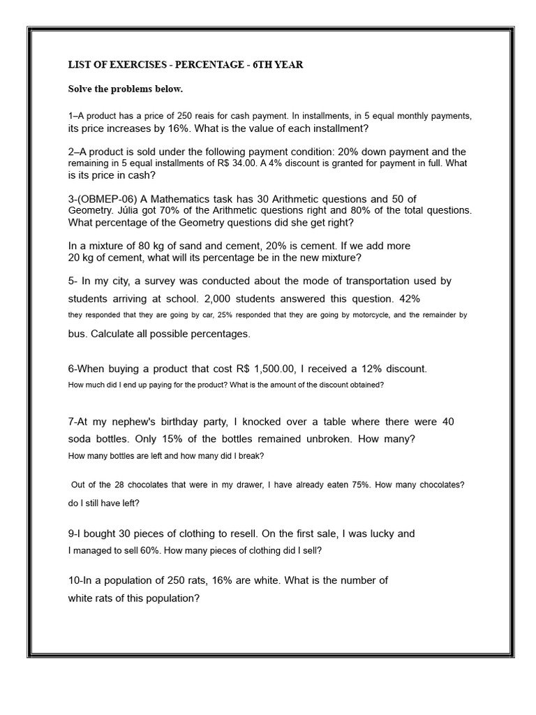 Percentage Percentage Exercises PDF | PDF | Percentage | Discounting