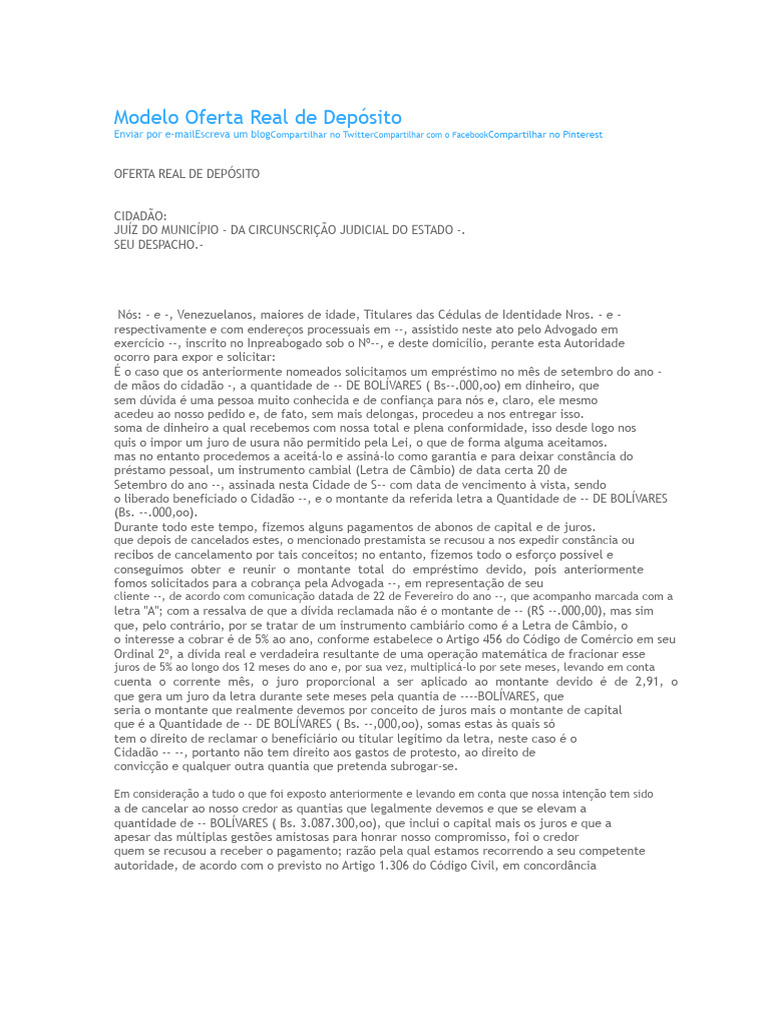 Modelo de Oferta Real de Depósito | PDF | Empréstimos | Cheque (banco)