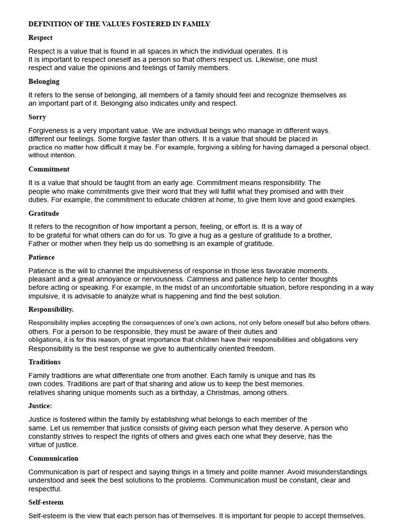 Definition of The Values That Are Fostered in Family | PDF ...