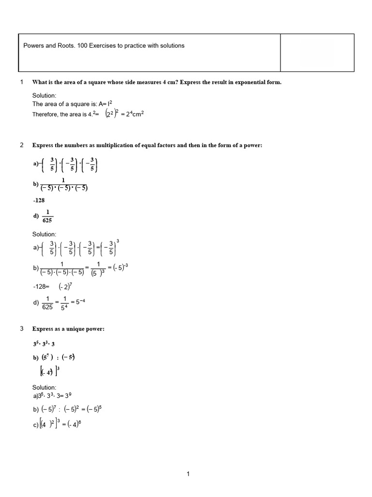 Powers and Roots - 100 Exercises To Practice With Solutions | PDF ...