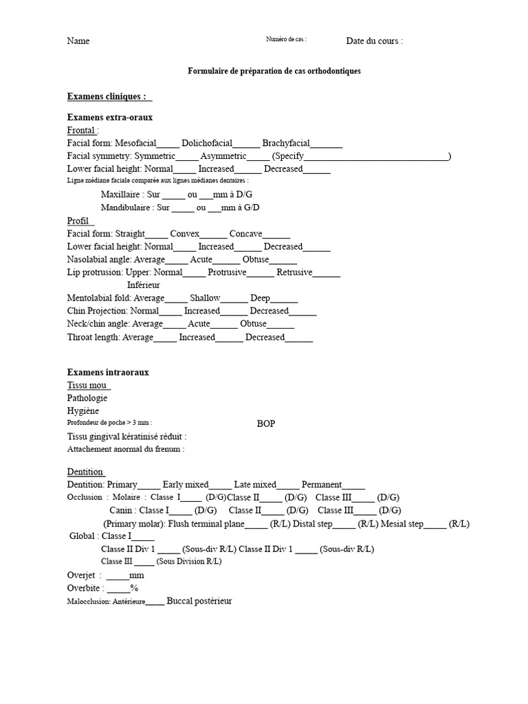 Formulaire de Travail de Cas Orthodontique - Copie PDF | PDF | Anatomie humaine | Anatomie dentaire