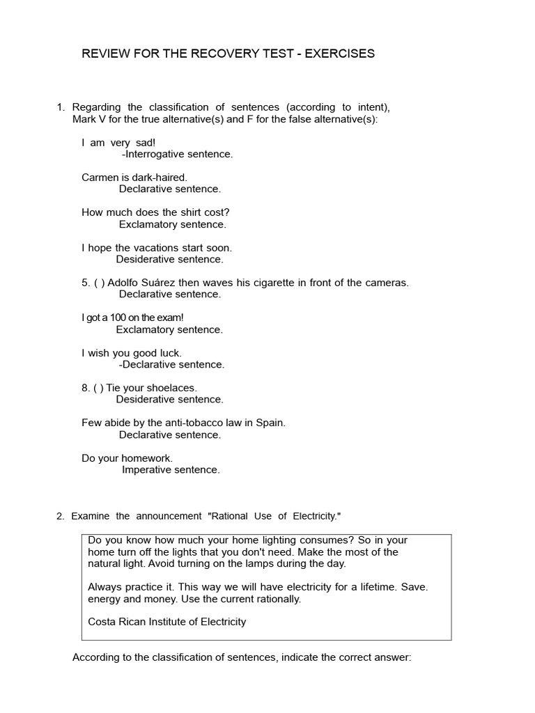 Sentence Classification and Analysis Exercises | PDF | Subject (Grammar ...