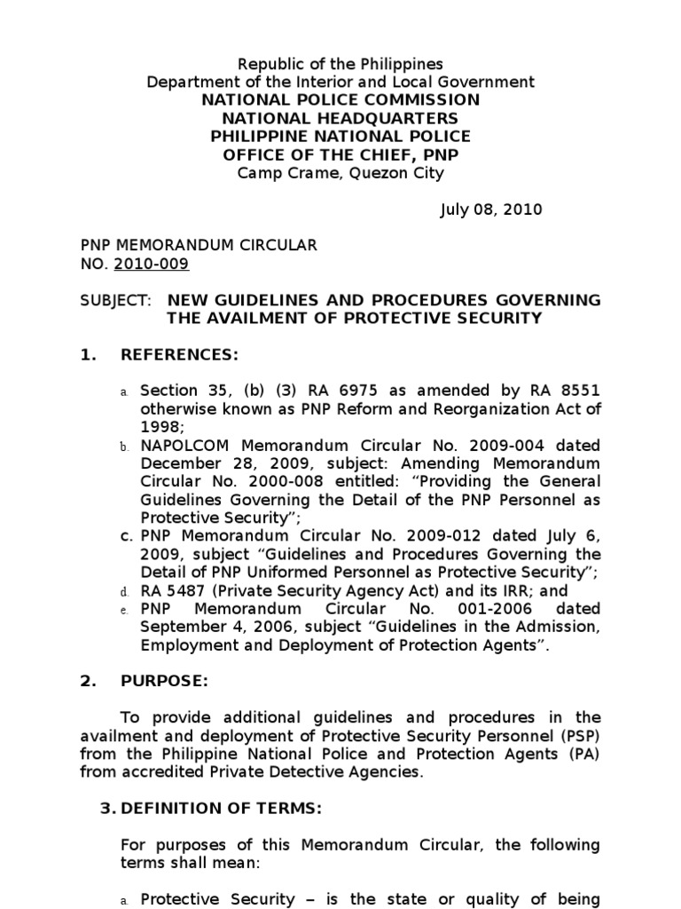 PNP Memorandum Circular 2010-009 | Private Investigator | Security Guard