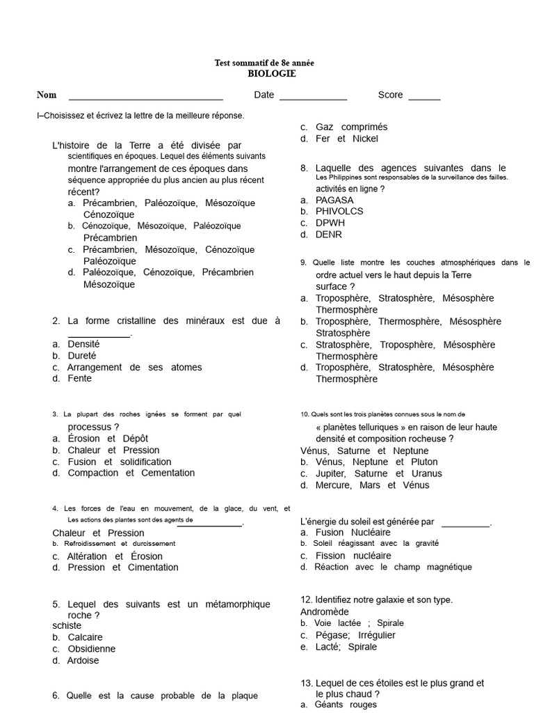 Test de biologie pour 8e année | PDF | Mitose | Cellule (Biologie)