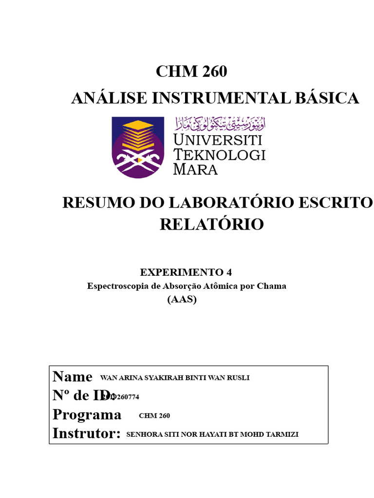 Relatório de Laboratório Chm 260 Exp 4 | PDF | Átomos | Elétron