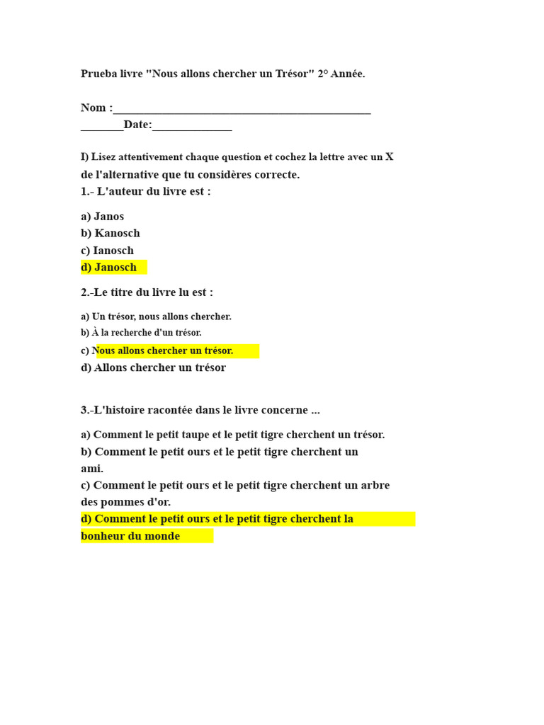 Questionnaire sur "Nous allons chercher un trésor" | PDF