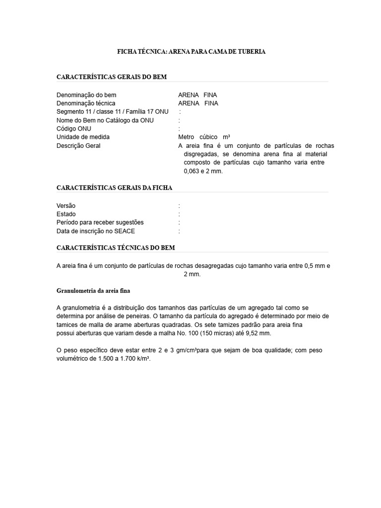 Ficha Técnica Arena Fina | PDF | Areia | Materiais