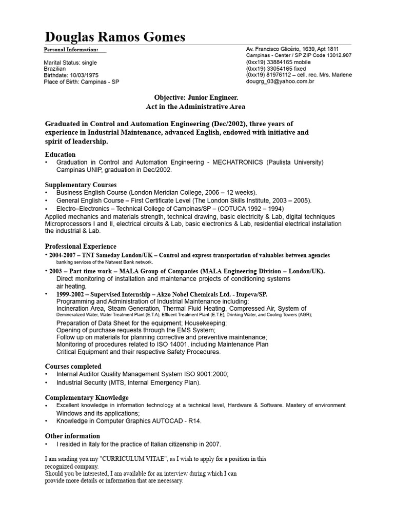 CV Automation and Control Engineering - Mechatronics | PDF