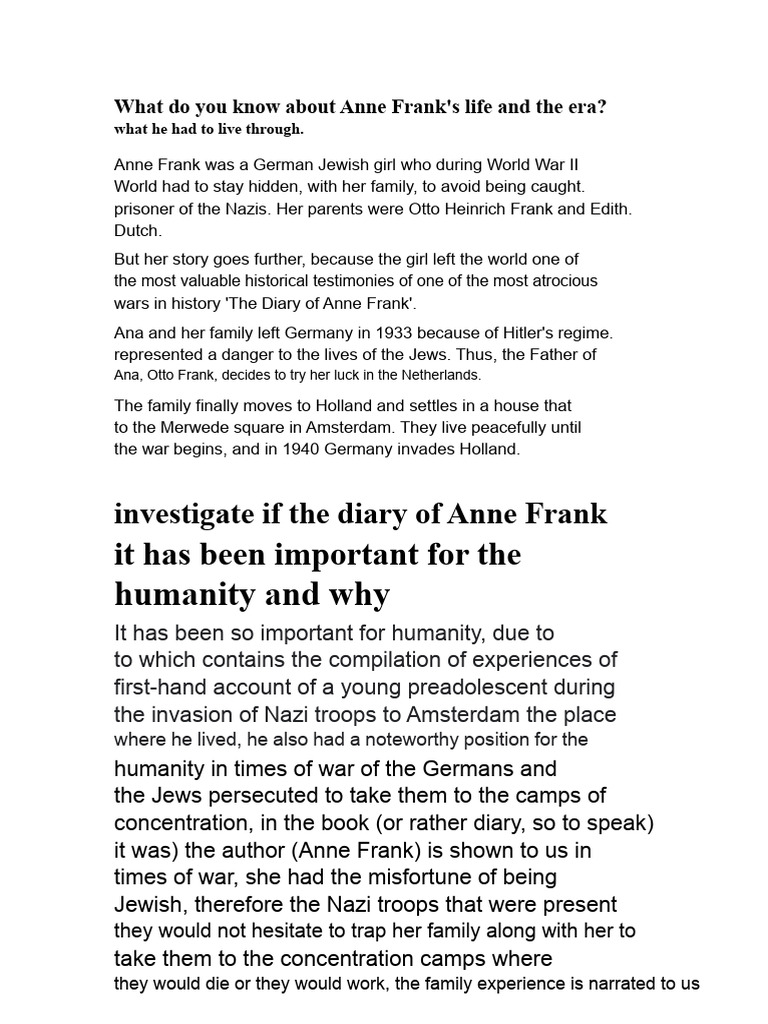Anne Frank: Life and Legacy During WWII | PDF