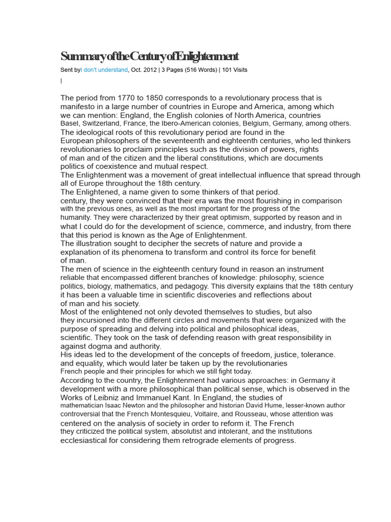 Summary of The Age of Enlightenment or Illustration | PDF | Age Of ...