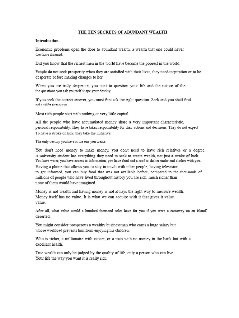 The Ten Secrets of Abundant Wealth | PDF | Wealth | Pleasure