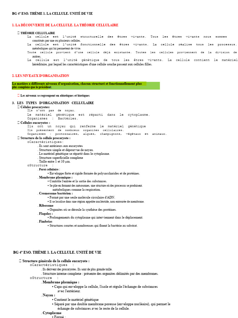 4º Eso. - Biologie - La Cellule, Unité de Vie | PDF | Cellule (Biologie ...