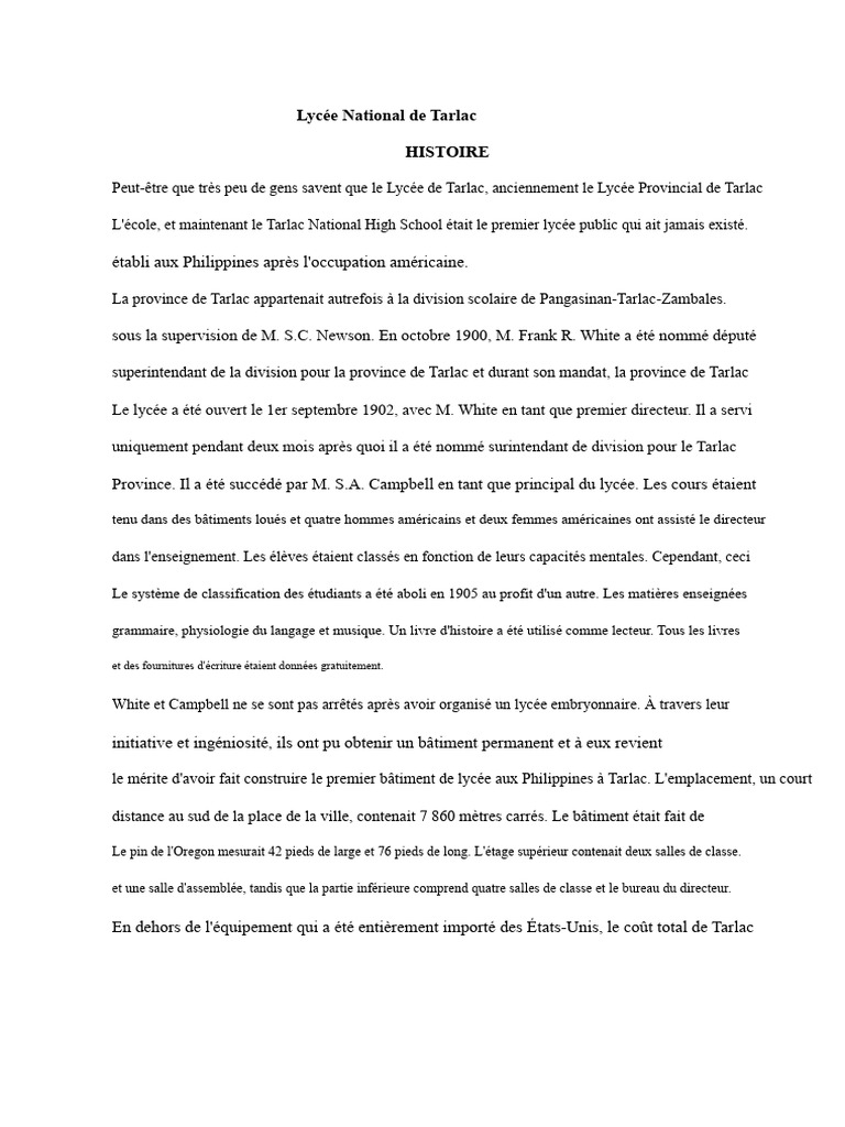 Histoire du Lycée National de Tarlac | PDF | Enseignement secondaire ...