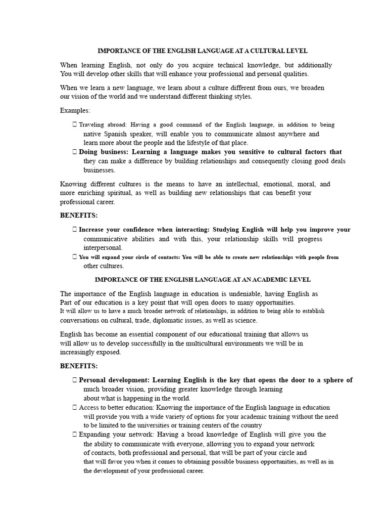 Cultural and Economic Importance of English | PDF | English Language ...