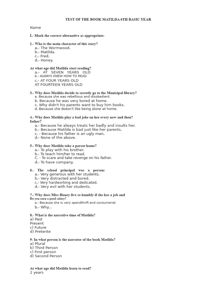 Test of the book Matilda | PDF