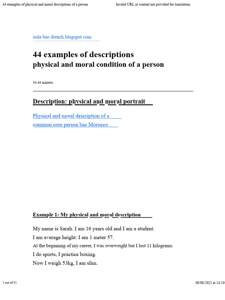Physical and Moral Descriptions Examples | PDF | Hair | Face