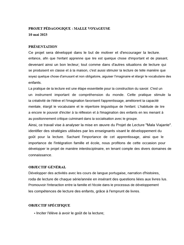 Projet Pédagogique - Malette de Voyage | PDF | Pédagogie | Apprentissage