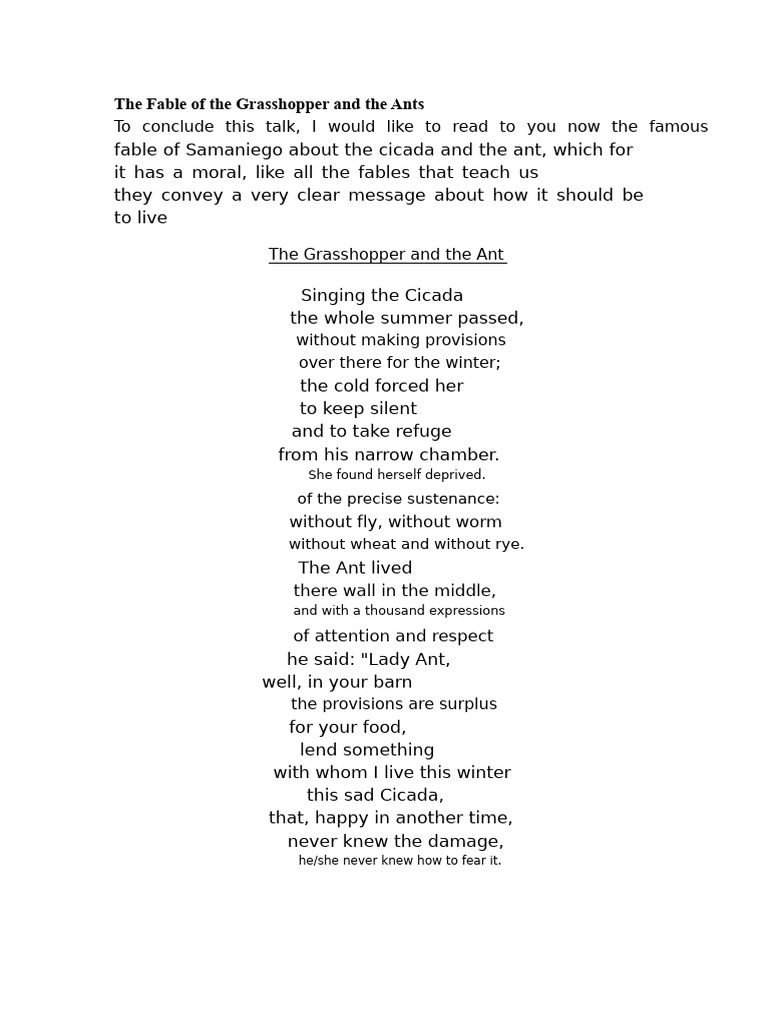 The Fable of The Ant and The Grasshopper | PDF