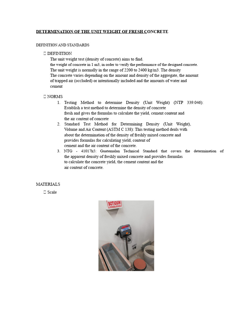 Unit Weight of Fresh Concrete Determination | PDF | Concrete | Density