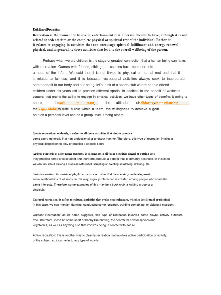 Definition of Recreation | PDF | Recreation | Sports