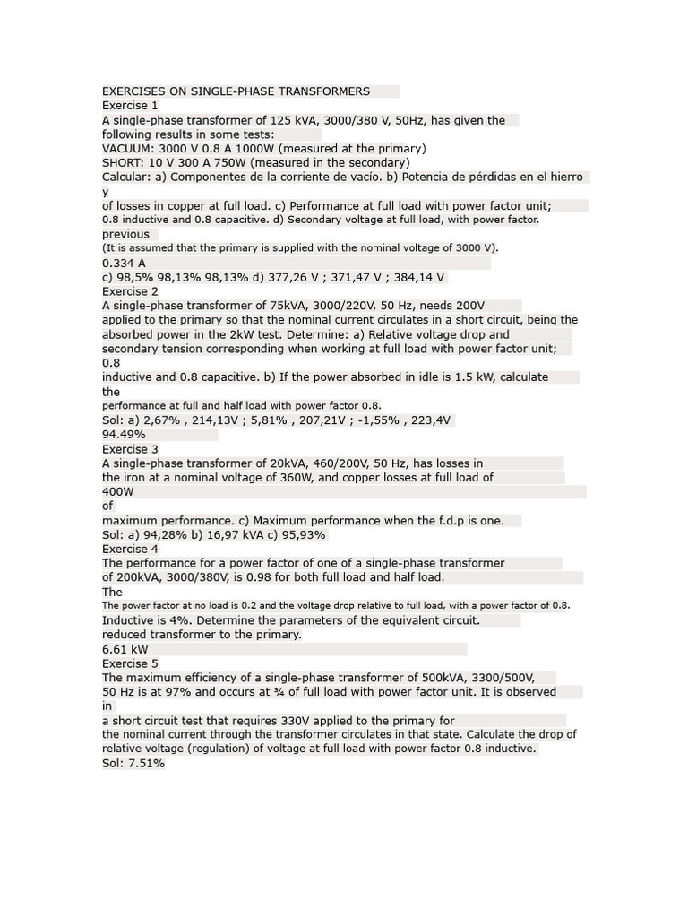 Exercises on Single-Phase Transformers | PDF