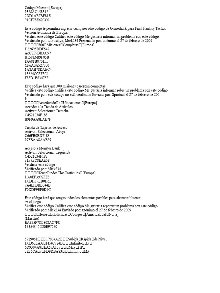Códigos Gameshark para FF Tactics Europa | PDF | Videojuegos | Juego de ...