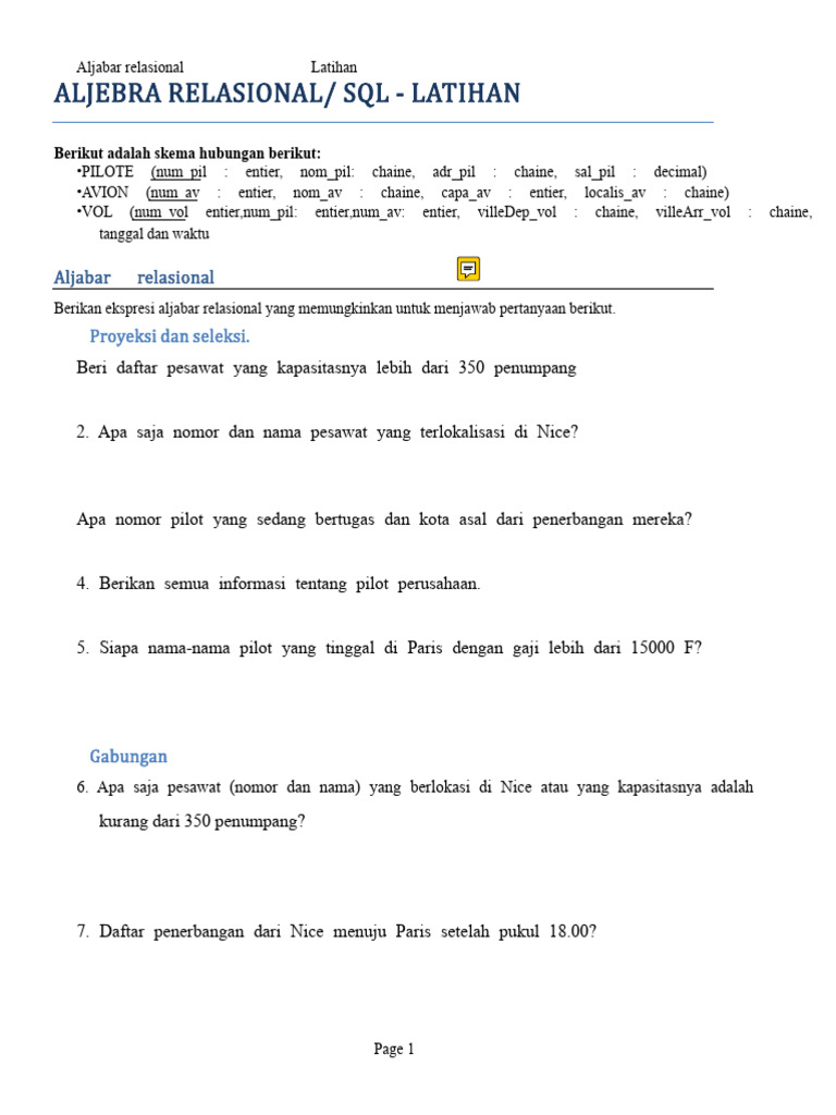 Aljebra Relasional - SQL - Latihan | PDF