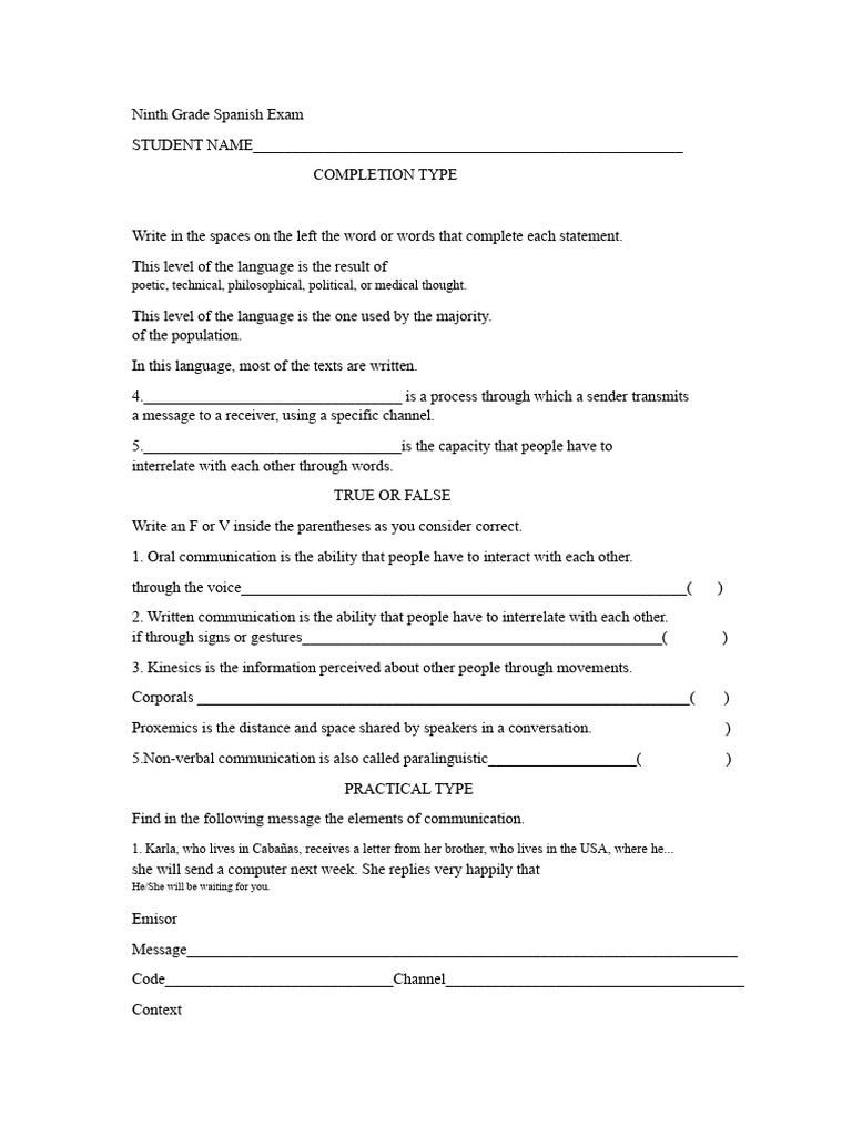 Ninth Grade Spanish Exam Guide | PDF