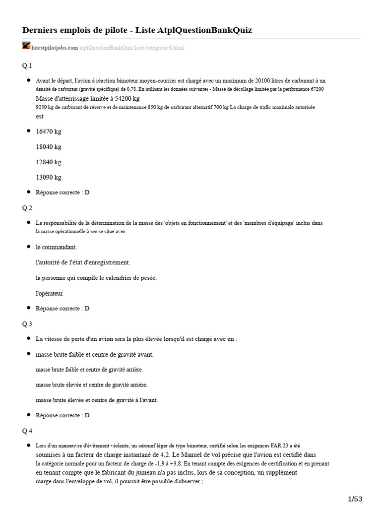 Questions sur la Masse et l'Équilibre des Avions | PDF | Décollage | Avion