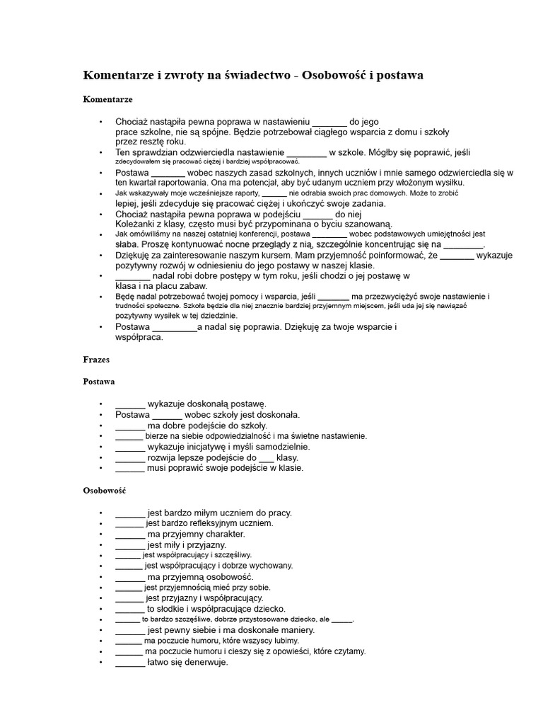 Komentarze Do Świadectwa Ocen | PDF