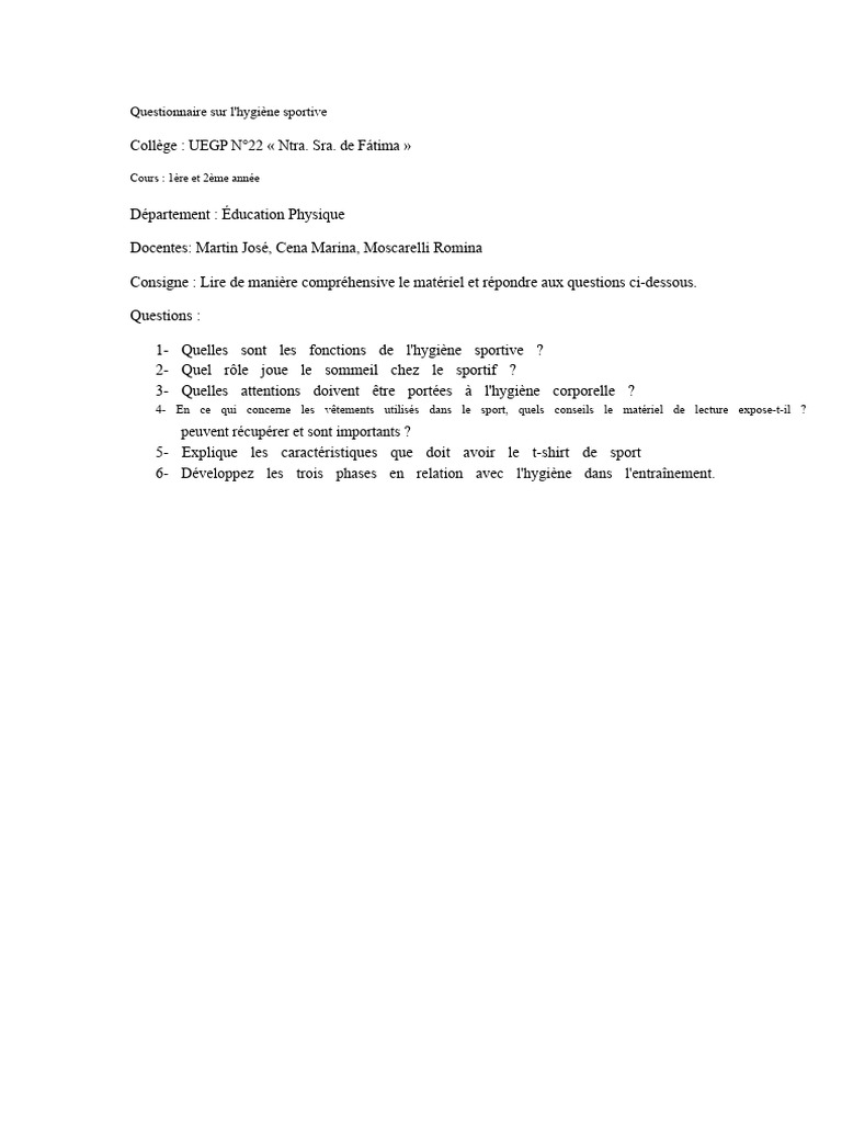 Questionnaire sur l'hygiène sportive | PDF