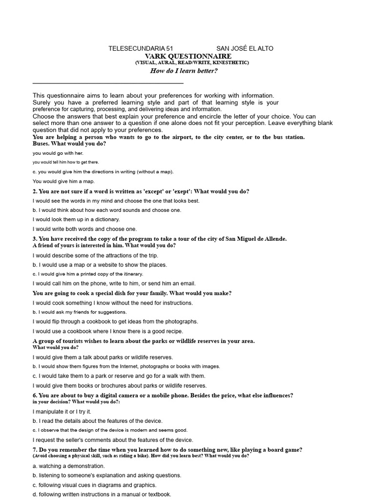 VARK Learning Style Questionnaire | PDF | Learning Styles | Cognition